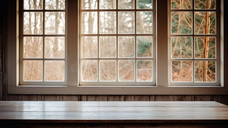 Empty Wooden Table in Front of Window with View of Autumn Forest. Stock ...