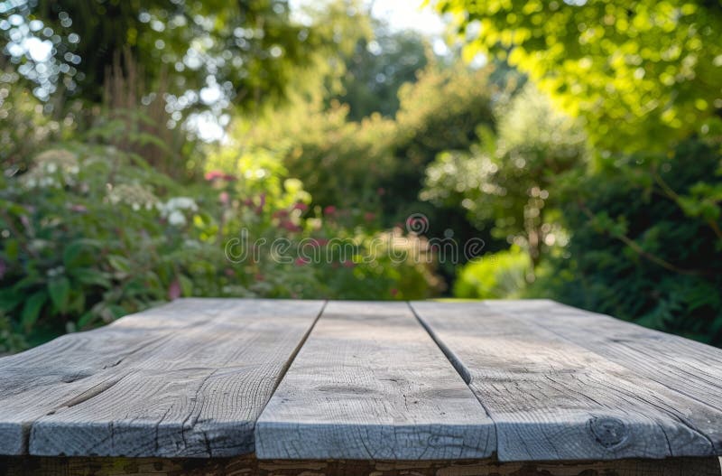 Empty Wooden Table in Garden, Brand Positioning Image Stock ...