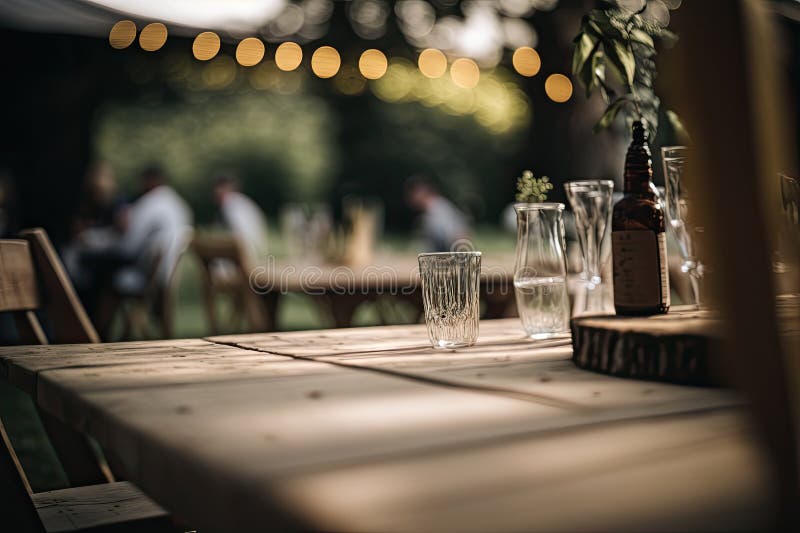 An Empty Wooden Table with a Garden Party in the Background ...
