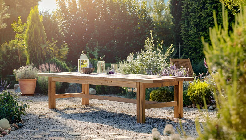Empty Wooden Table in Garden on Sunny Day. Space for Design Stock Photo ...
