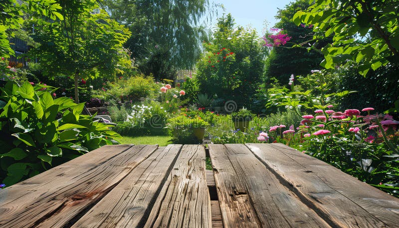 Empty Wooden Table in Garden on Sunny Day. Space for Design Stock Image ...