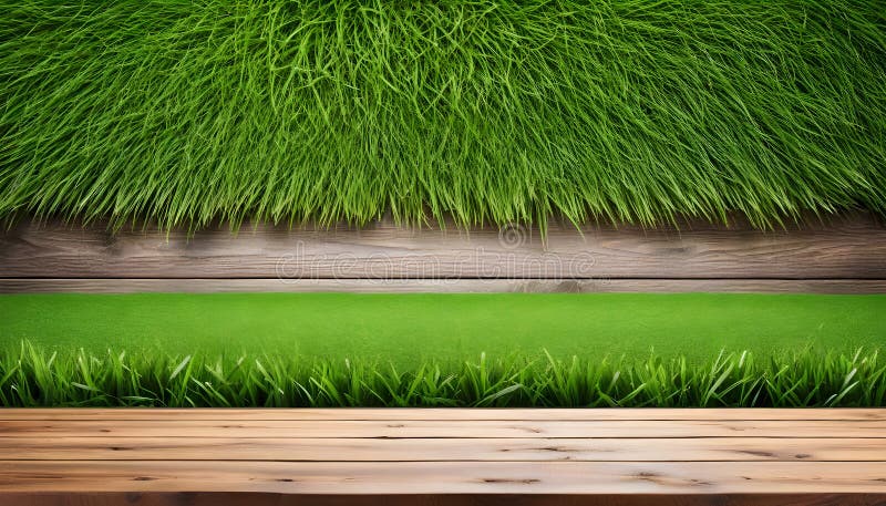 Empty Wooden Table with Green Grass Theme in Background. Ai Stock ...