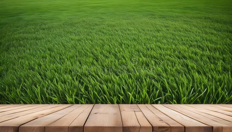 Empty Wooden Table with Green Grass Theme in Background. Ai Stock ...