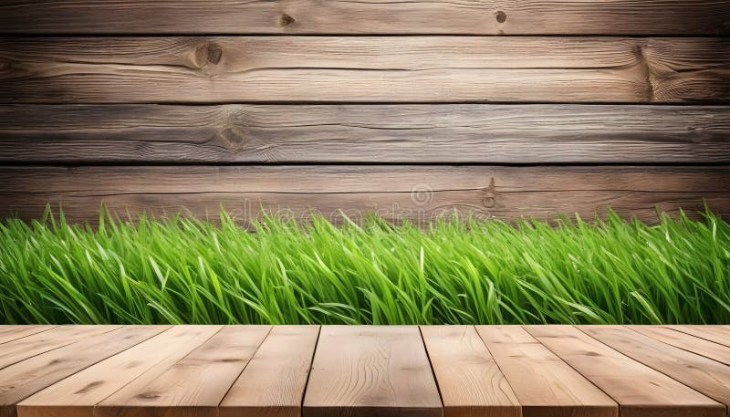 Empty Wooden Table with Green Grass Theme in Background. Ai Stock ...