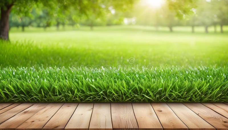 Empty Wooden Table with Green Grass Theme in Background. Ai Stock ...