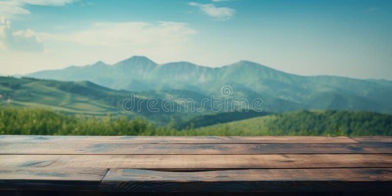 Empty Wooden Table with Green Mountain Background, Free Space for ...