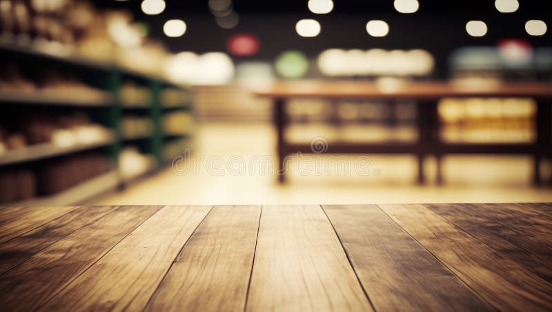 An Empty Wooden Table in Grocery Store. Generative AI Stock ...