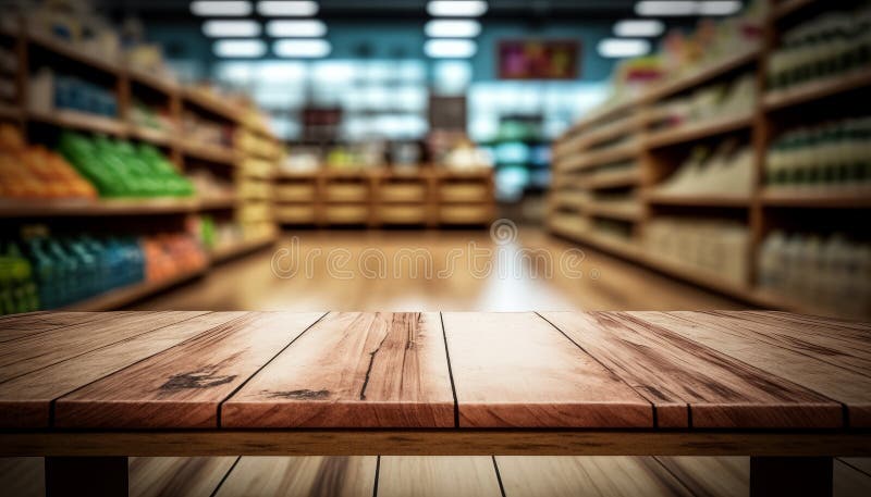 An Empty Wooden Table in Grocery Store. Generative AI Stock ...