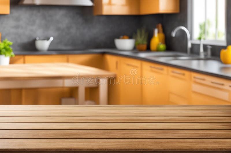 Empty Wooden Table with Kitchen Blurred Background Stock Photo - Image ...