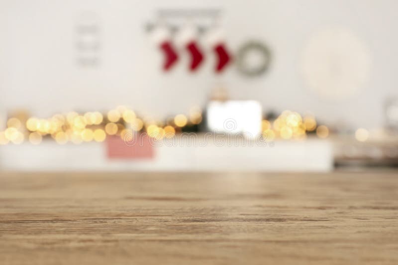 Empty Wooden Table in Kitchen Decorated for Christmas Stock Photo ...
