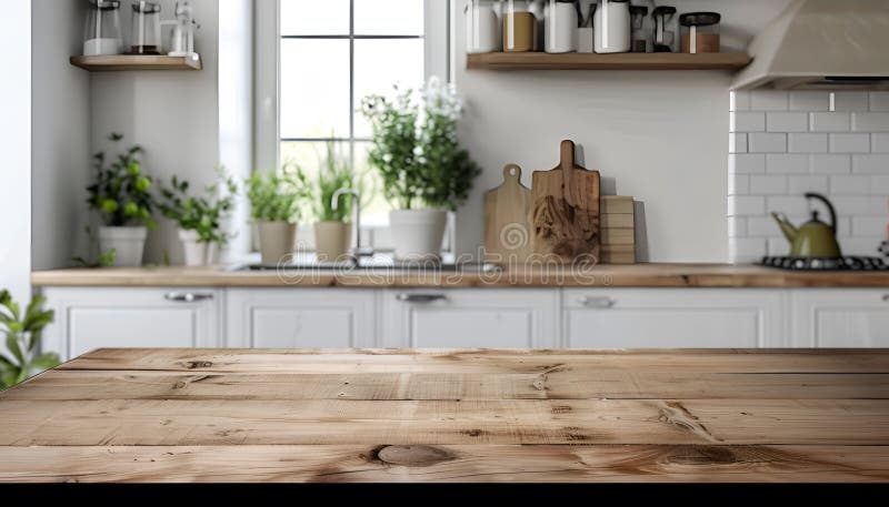 Empty Wooden Table in Kitchen, Space for Design Stock Photo - Image of ...