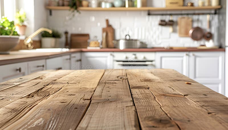 Empty Wooden Table in Kitchen, Space for Design Stock Photo - Image of ...