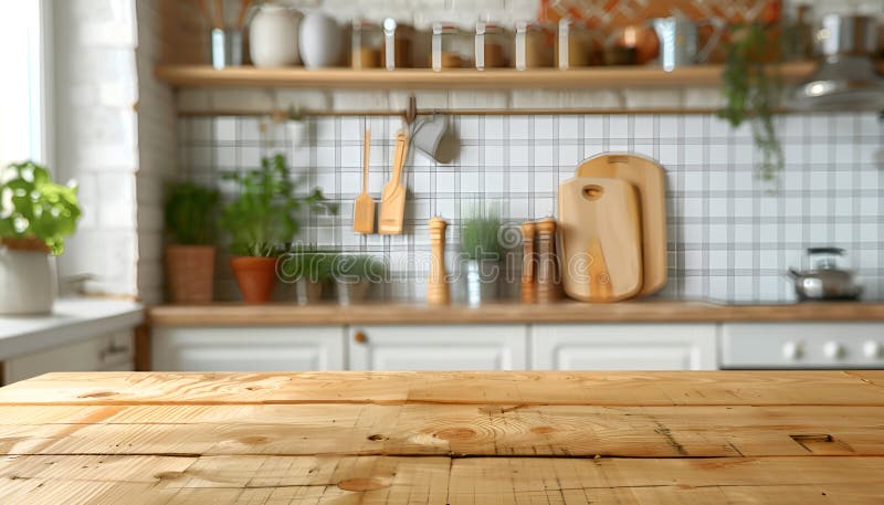 Empty Wooden Table in Kitchen, Space for Design Stock Image - Image of ...