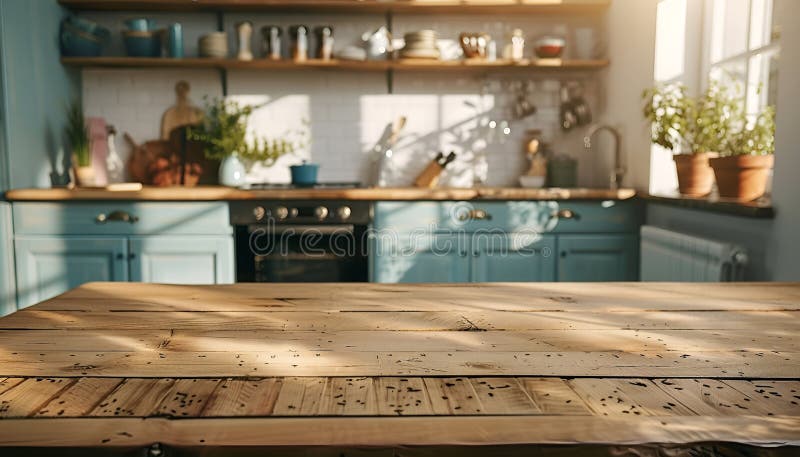 Empty Wooden Table in Kitchen, Space for Design Stock Photo - Image of ...
