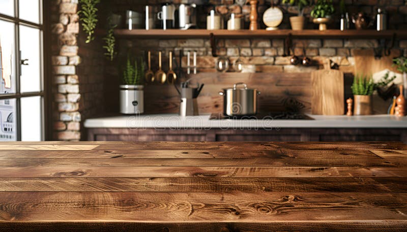 Empty Wooden Table in Kitchen, Space for Design Stock Image - Image of ...