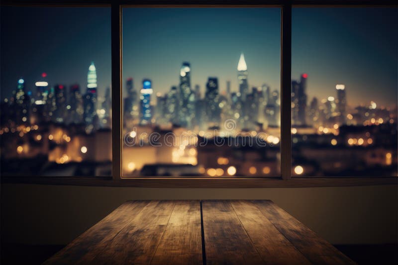 Empty Wooden Table with Large Window View through Cityscape Background ...
