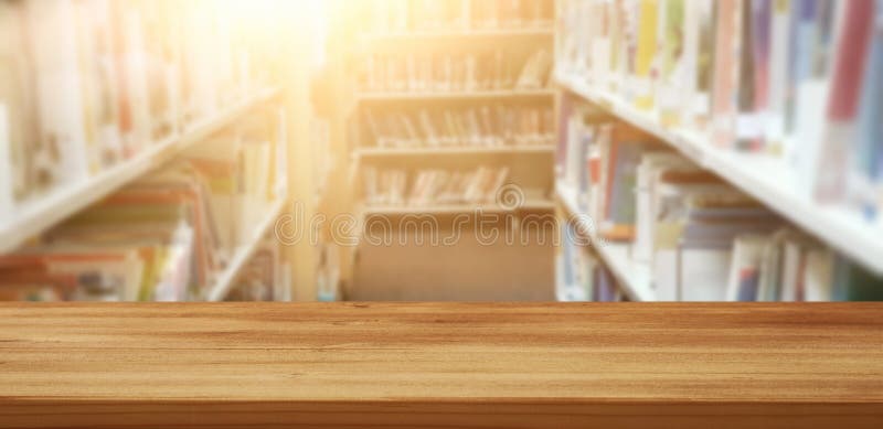 Empty Wooden Table in Library. Education and Learning Concept. Stock ...