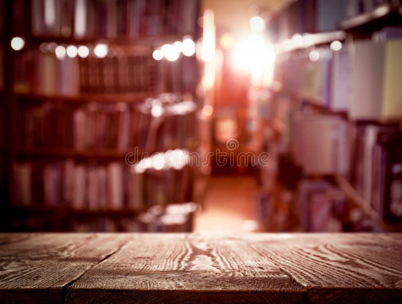 Empty Wooden Table in Library. Space for Design Stock Image - Image of ...
