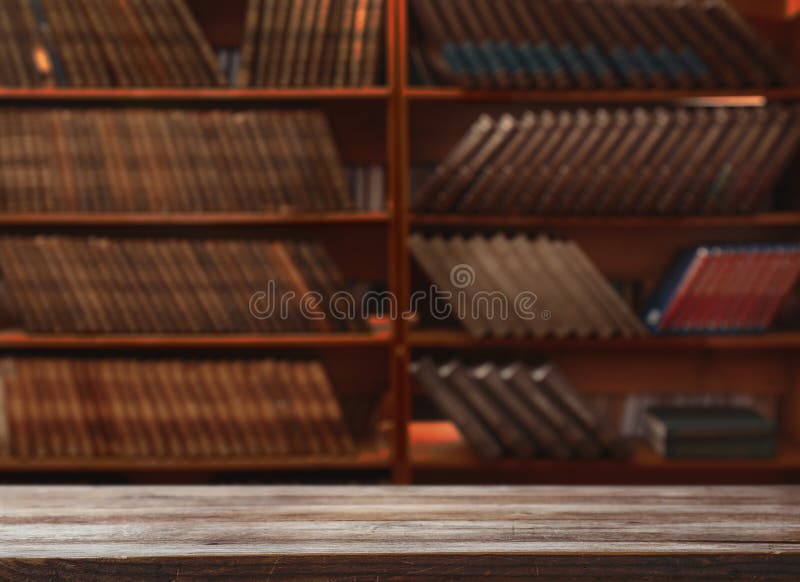 Empty Wooden Table in Library. Space for Design Stock Photo - Image of ...