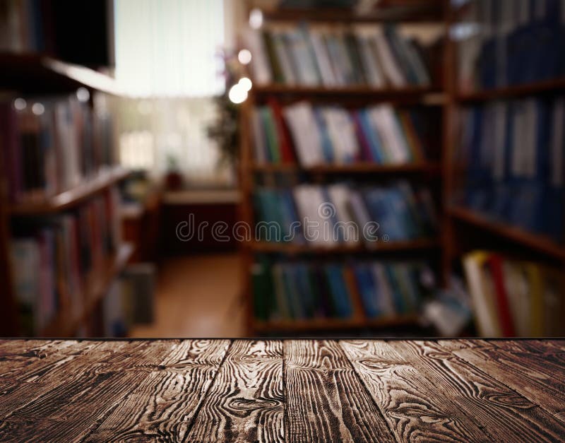 Empty Wooden Table in Library. Space for Design Stock Image - Image of ...