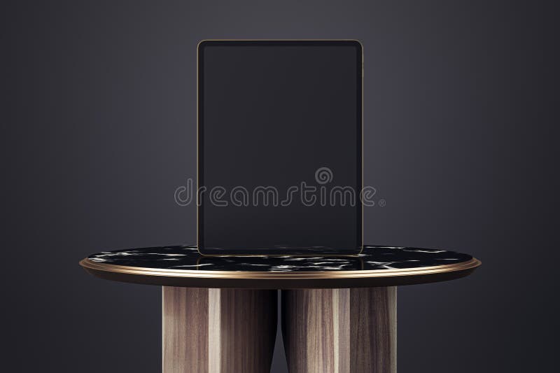 Empty Table with Empty Mock Up Tablet on Black Background. 3D Rendering ...