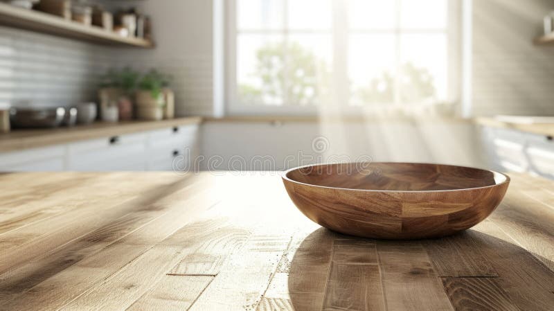 Empty Wooden Table for Mockup in Bright Kitchen Interior. Stock Image ...