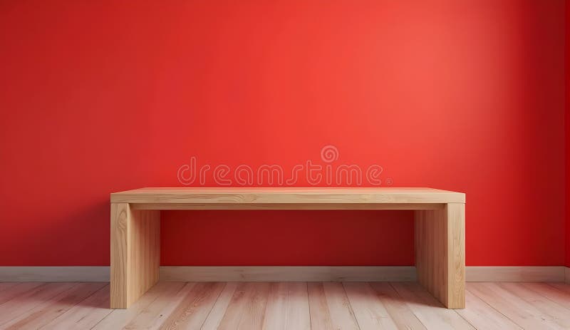 Empty Wooden Table with Natural Finish Placed Against Bold Red Wall ...