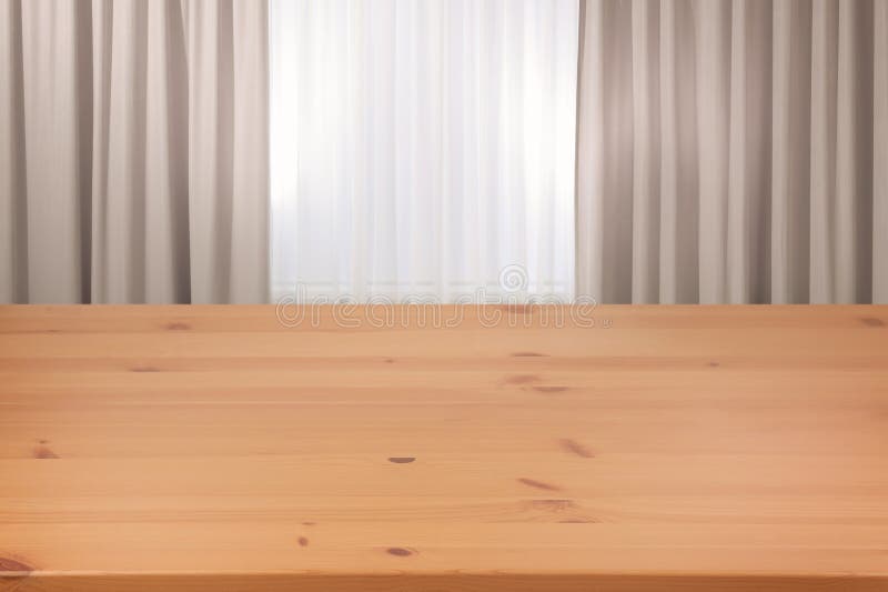 Empty Wooden Table Near Window with Curtains. Space for Design Stock ...