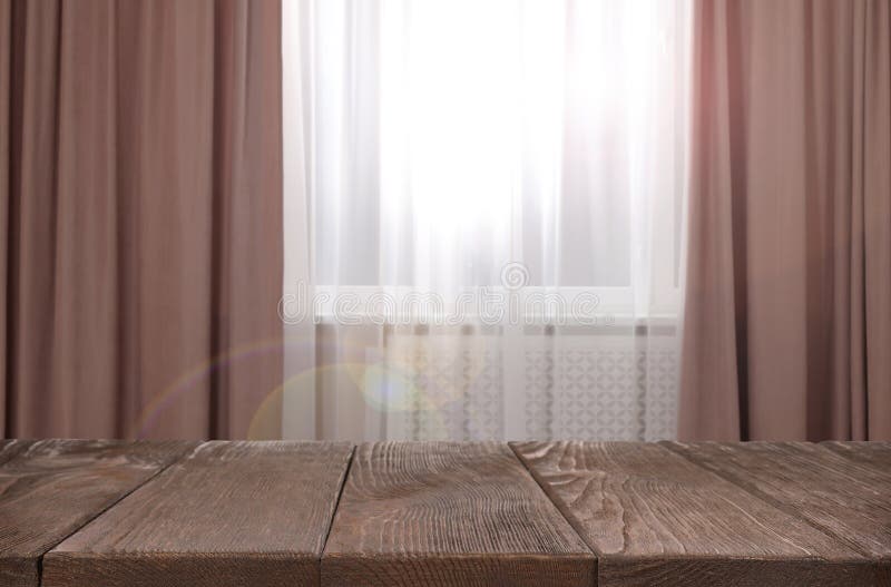 Empty Wooden Table Near Window with Curtains. Space for Design Stock ...