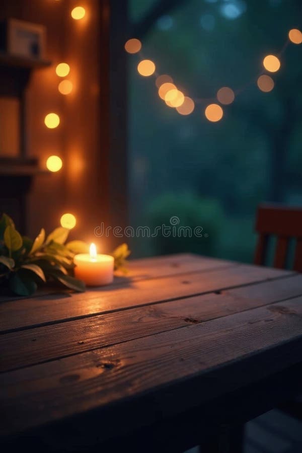 Empty Wooden Table at Night, Fairy Lights Twinkle , Still Life, Wooden ...