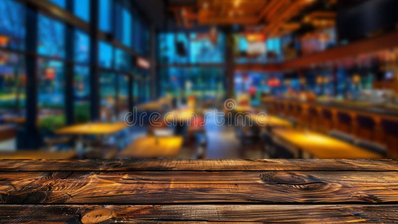 Empty Wooden Table, Night Restaurant Scene with Blur Stock Photo ...