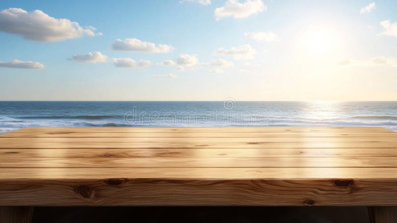 Empty Wooden Table Overlooking a Sunny Beach and Ocean Stock ...