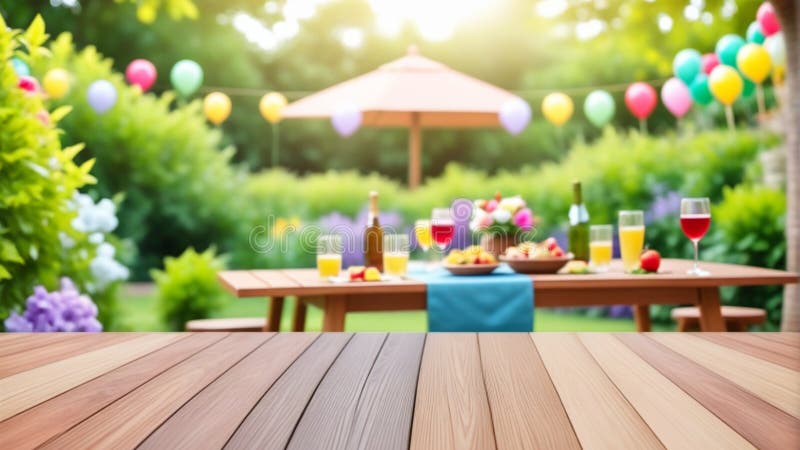 Empty Wooden Table with Party in Garden Background Blurred Stock ...