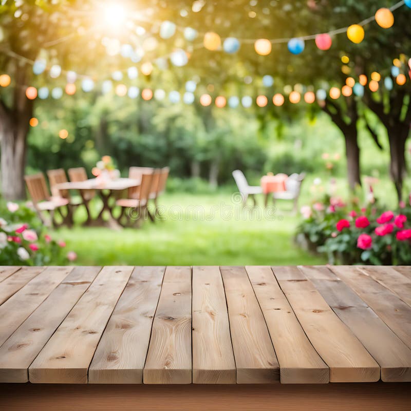 Empty Wooden Table with Party in Garden Background Blurred Stock ...