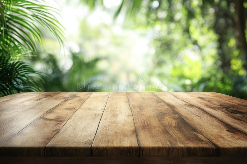 Empty Wooden Table with Blurred Tropical Forest Background Stock ...