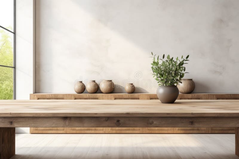 Empty Wooden Table and Plants in the Background. an Environment ...
