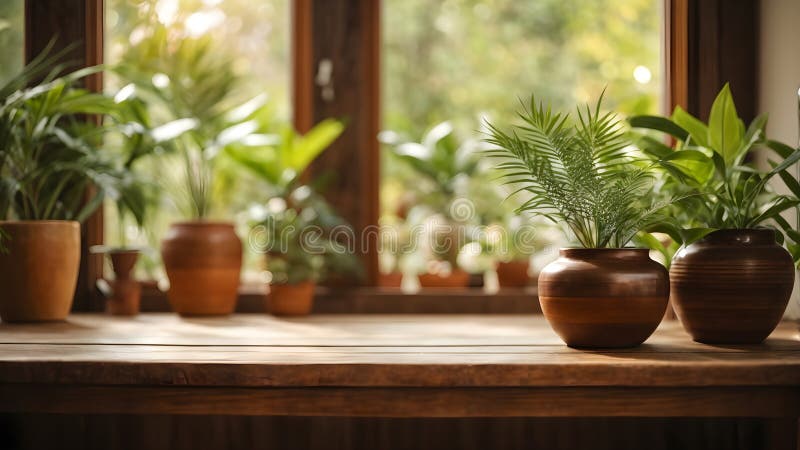 Empty Wooden Table with Plants in Vases and Sunlight Background Stock ...