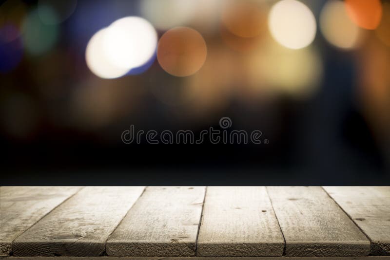 Empty Wooden Table Platform and Bokeh at Night. Stock Image - Image of ...