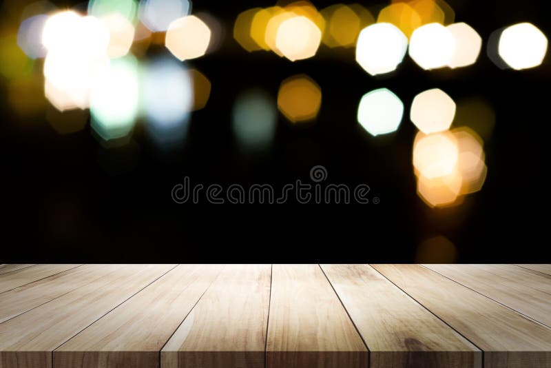 Empty Wooden Table Platform and Bokeh at Night Stock Photo - Image of ...