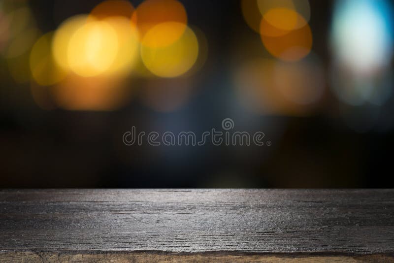 Empty Wooden Table Platform and Bokeh at Night Stock Image - Image of ...
