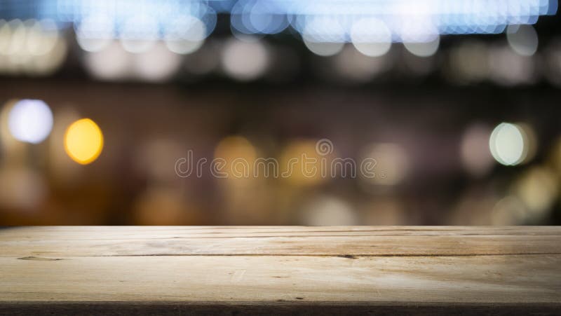 Empty Wooden Table Platform and Bokeh at Night Stock Image - Image of ...