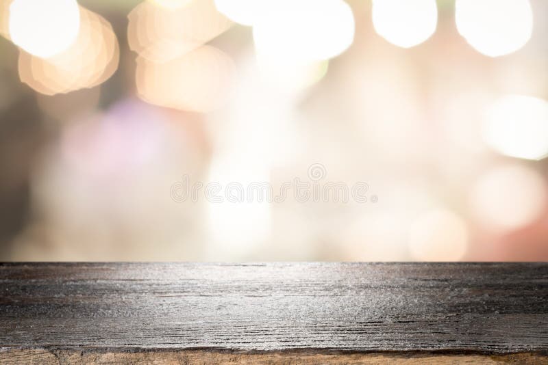 Empty Wooden Table Platform and Bokeh at Night Stock Image - Image of ...