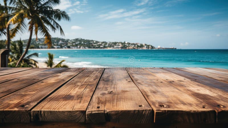 Empty Wooden Table Platform for Display on Beach AI Generated Stock ...