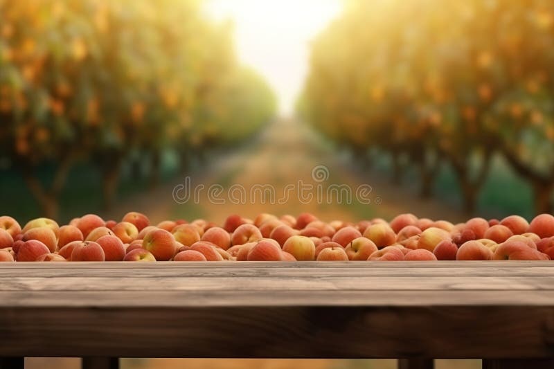 An Empty Wooden Table for Product Display. Blurred Autumn Apple Orchard ...