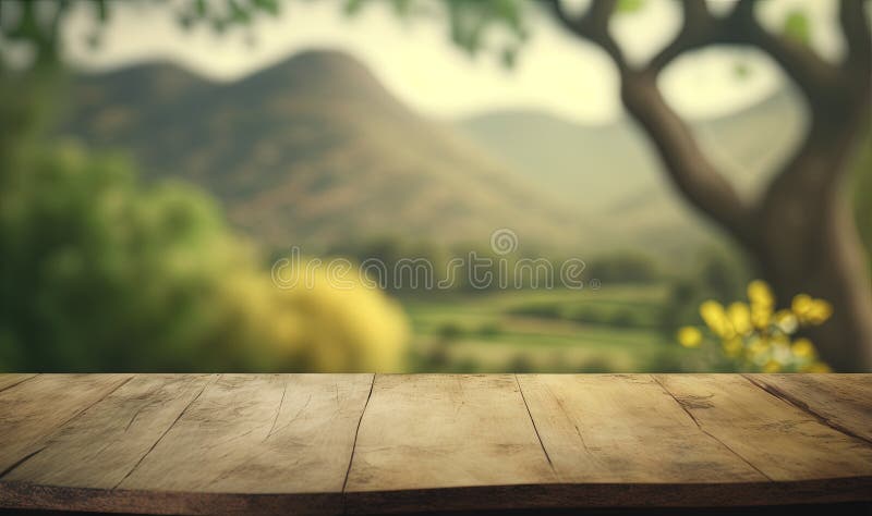 An Empty Wooden Table with a Scenic View in the Background Stock ...
