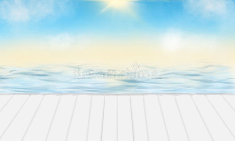 Empty Wooden Table with Sea and Sky Background Illustration for Product ...