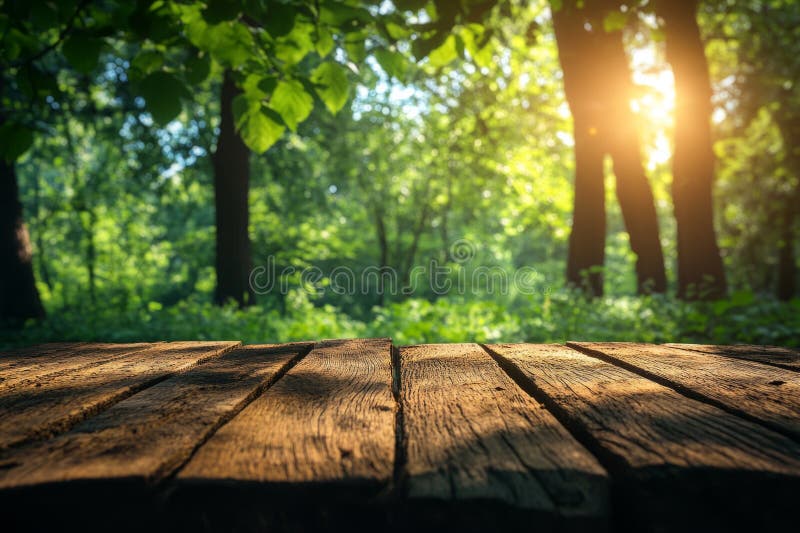 Empty Wooden Table Showing a Hiking Path through a Forest at Sunset ...