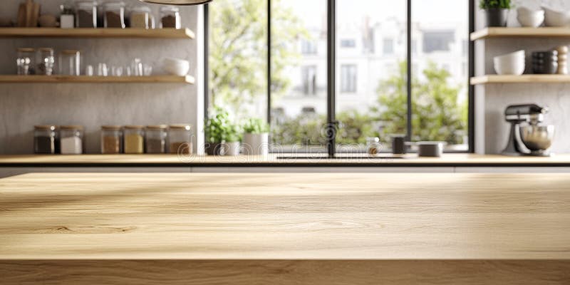 A Vacant Wooden Table Situated in a Kitchen that Features a Large ...