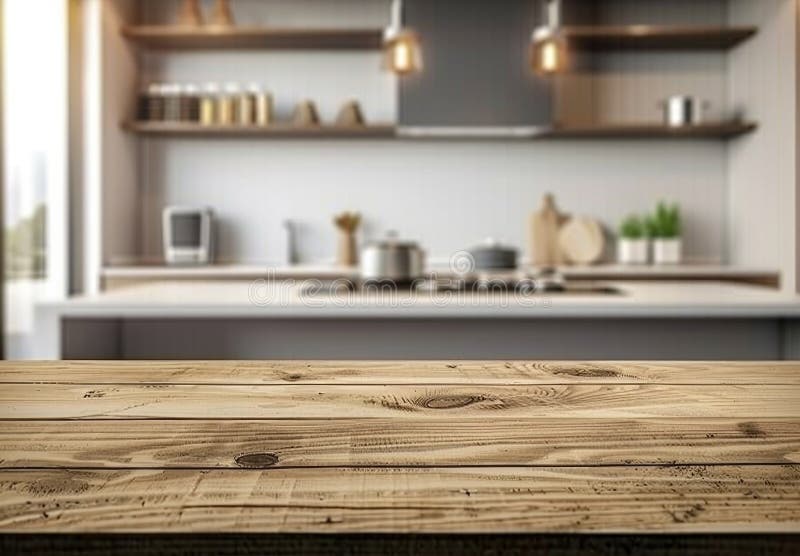 An Empty Wooden Table Situated in a Kitchen that Has White Cabinets ...