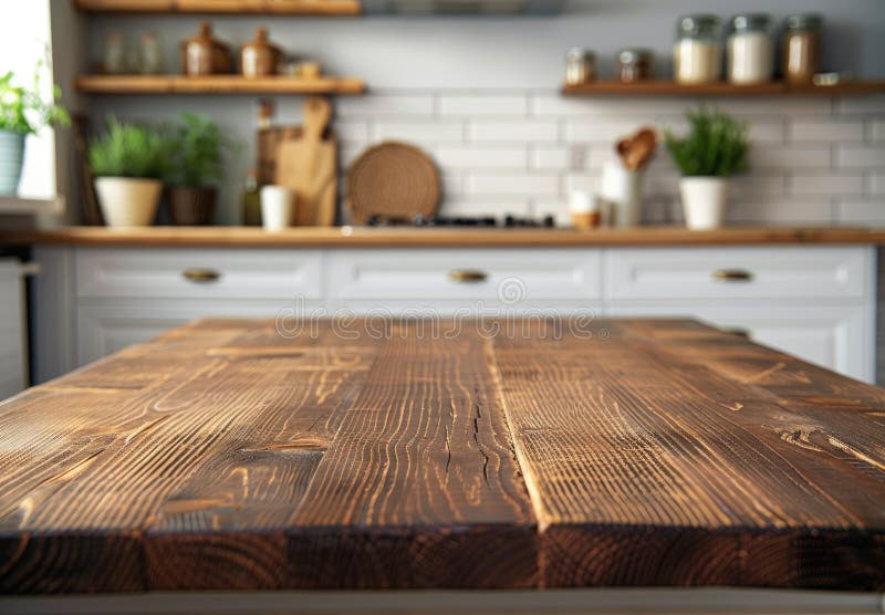 An Empty Wooden Table Situated in a Kitchen that Has White Cabinets ...